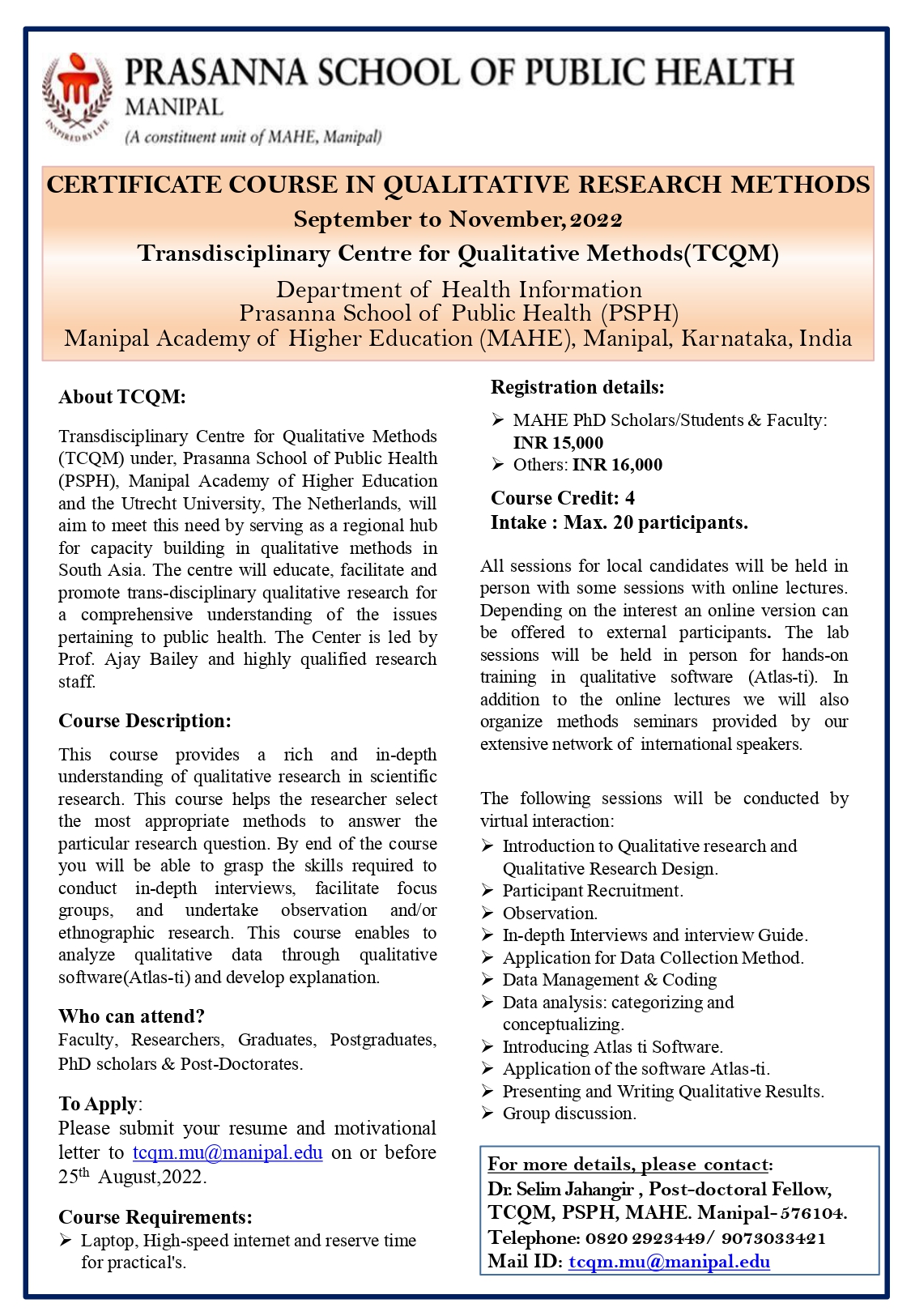 Certificate Course In Qualitative Research Methods Admission 2022 PSPH